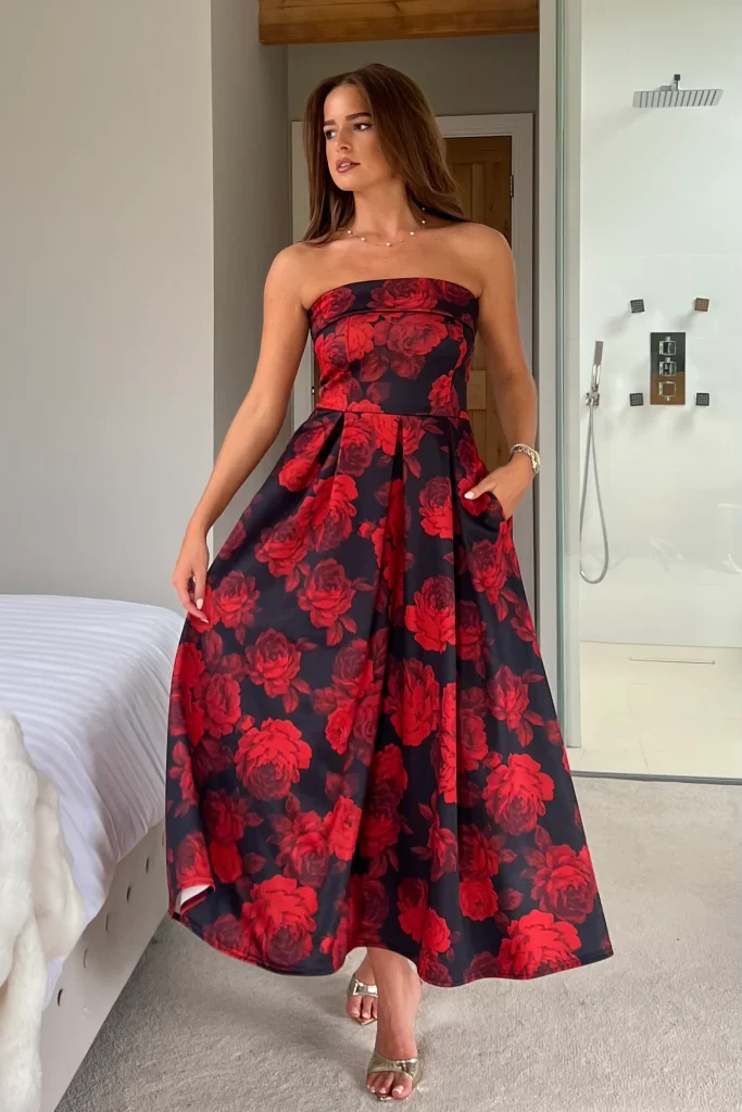 GIRL IN MIND DANNI STRAPLESS DRESS RED FLORAL PRINT - Kode Clothing